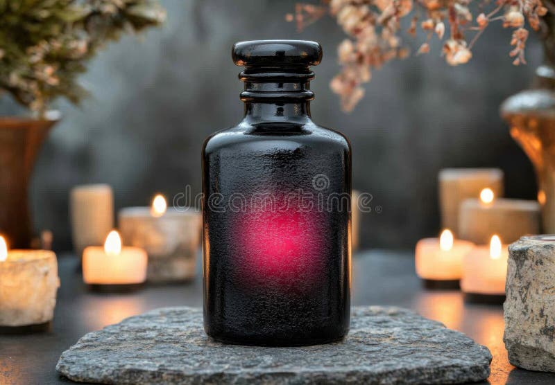 Mysterious Glowing Potion Bottle in Dark Moody Setting Stock ...