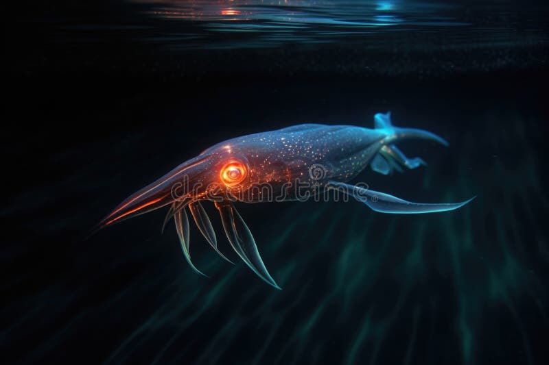 Mysterious Glowing Squid Hovering in Dark Waters Stock Image - Image of ...