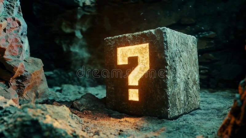 Mysterious Glowing Stone Cube with Question Mark in Cave, Exploration ...