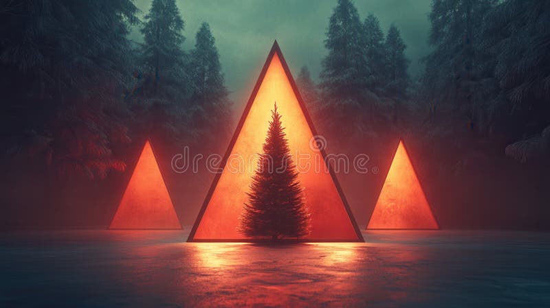 Mysterious Glowing Triangles with a Central Tree Amidst a Foggy Forest ...