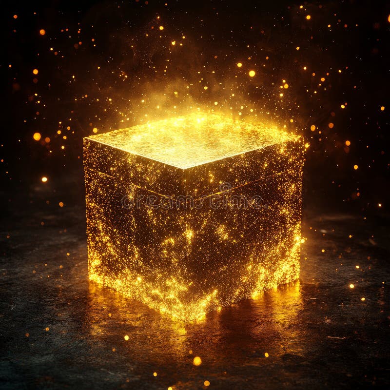 Glowing Golden Cube Light Particles Dark Space Stock Photos - Free ...