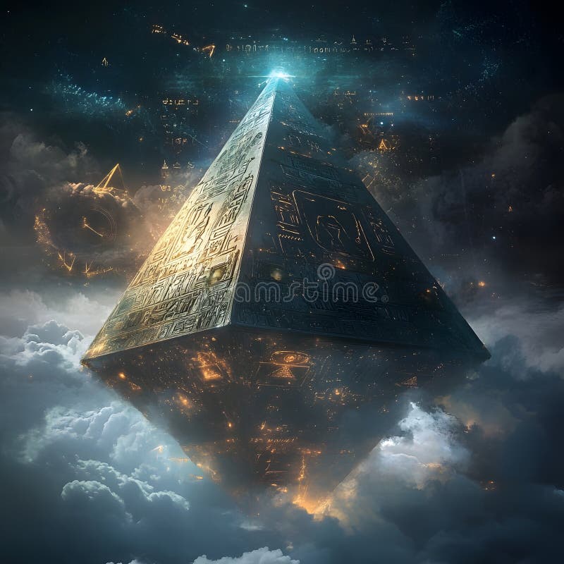 Mysterious Golden Pyramid Floating Above Clouds in a Dark Night Sky ...