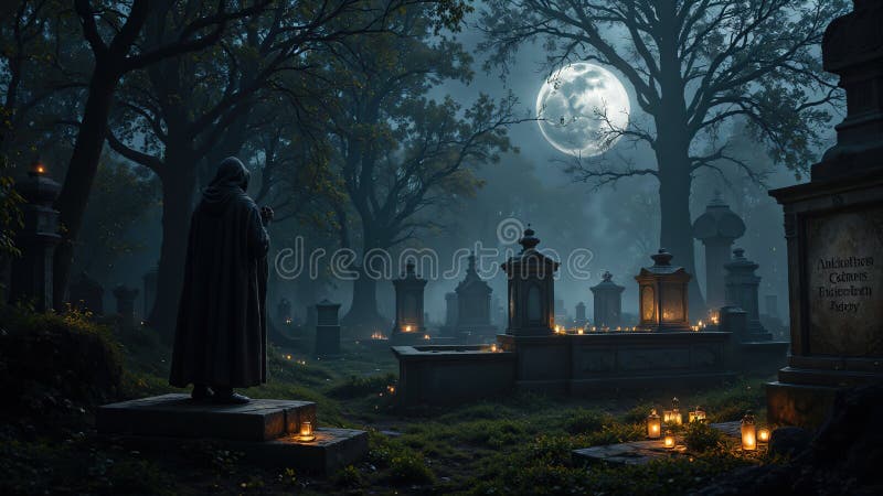 Mysterious Graveyard at Night with Illuminated Lanterns and Moonlight ...