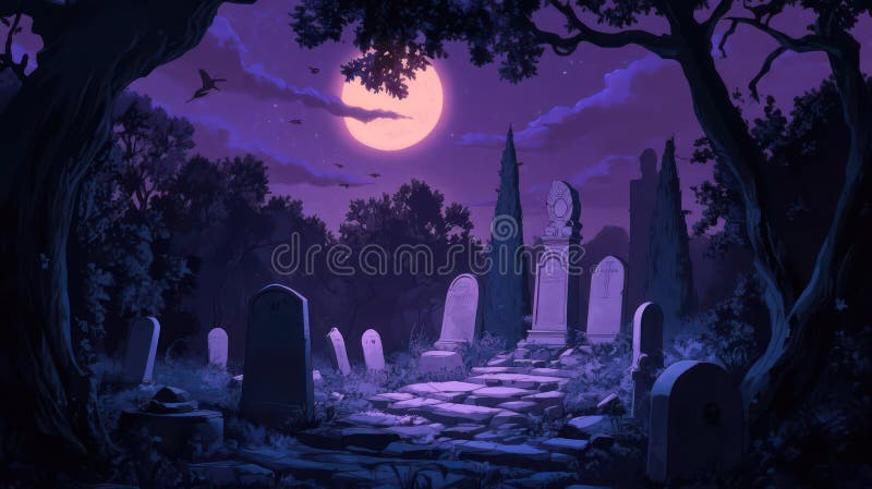 Mysterious Graveyard at Night. Lots of Tombs with Tombstones. Night ...