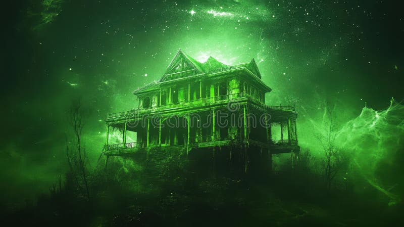 Mysterious Green-Hued Haunted House Under Starry Sky Stock Image ...