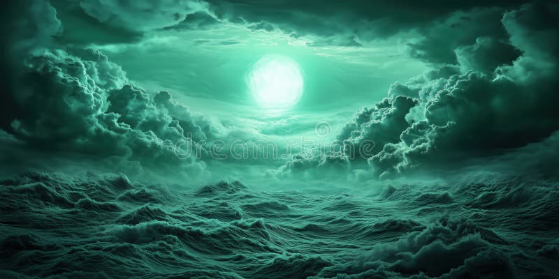 Mysterious Green Ocean Under Dramatic Clouds and Glowing Sky Stock ...