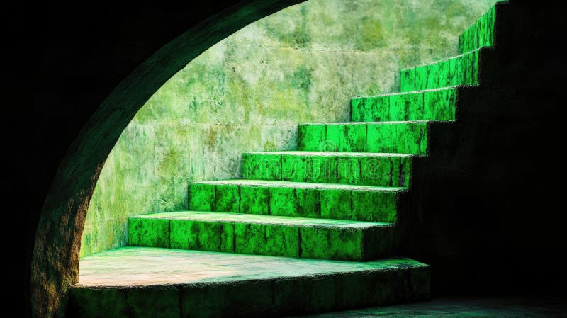 Mysterious Green Staircase in Dark Atmospheric Setting Stock Photo ...