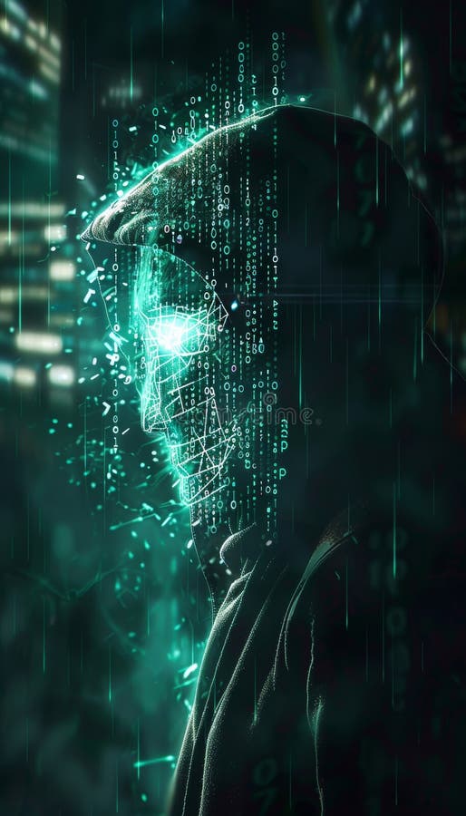 A Mysterious Hacker with a Glowing Binary Face in a Dark Dystopian ...