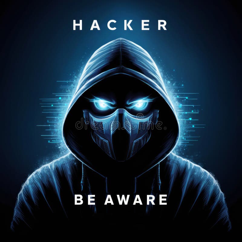 Mysterious Hacker in Hood with Glowing Eyes on Dark Background Words ...