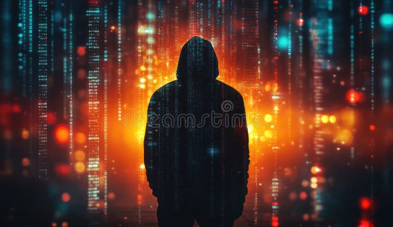 Mysterious Hacker Silhouetted in Abstract Binary Code Background with ...