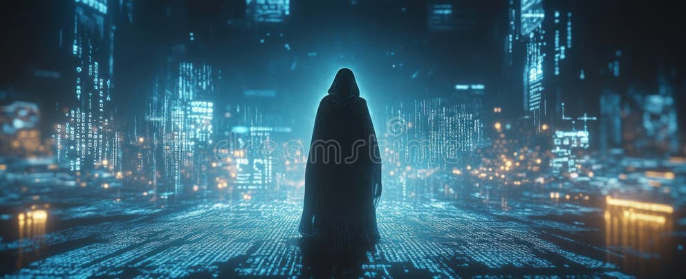 Mysterious Hacker Standing in Dark with Digital Code and Binary Numbers on Blue Background Stock ...