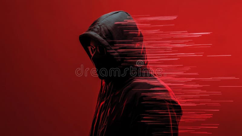 Mysterious Hacker Wearing Black Hoodie and Mask Creating Code on Red ...