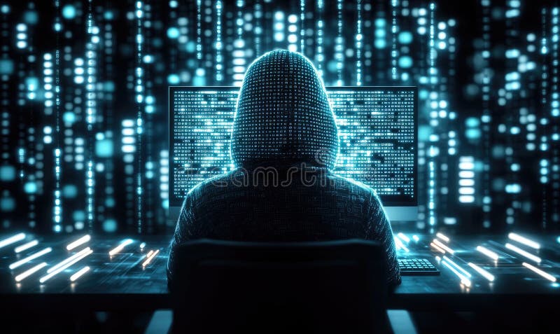 A Mysterious Hacker Works on a Computer, Surrounded by Glowing Data ...