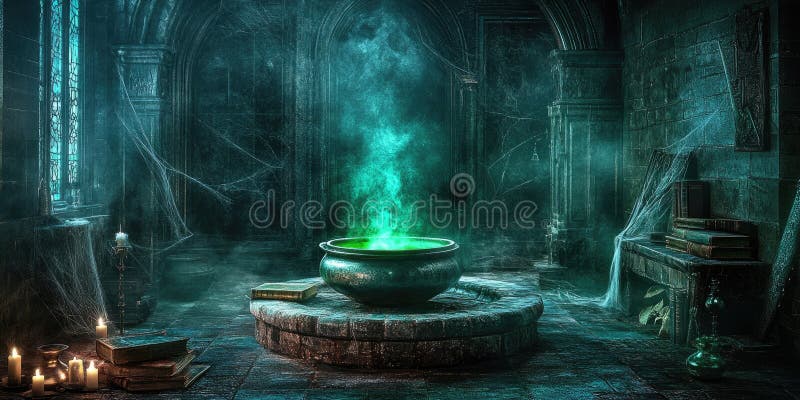 Mysterious Halloween Witchs Cauldron in an Enchanted Castle Interior ...