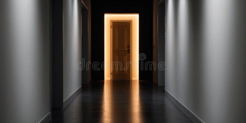 Mysterious Hallway with Illuminated Door at Night. Stock Image - Image ...