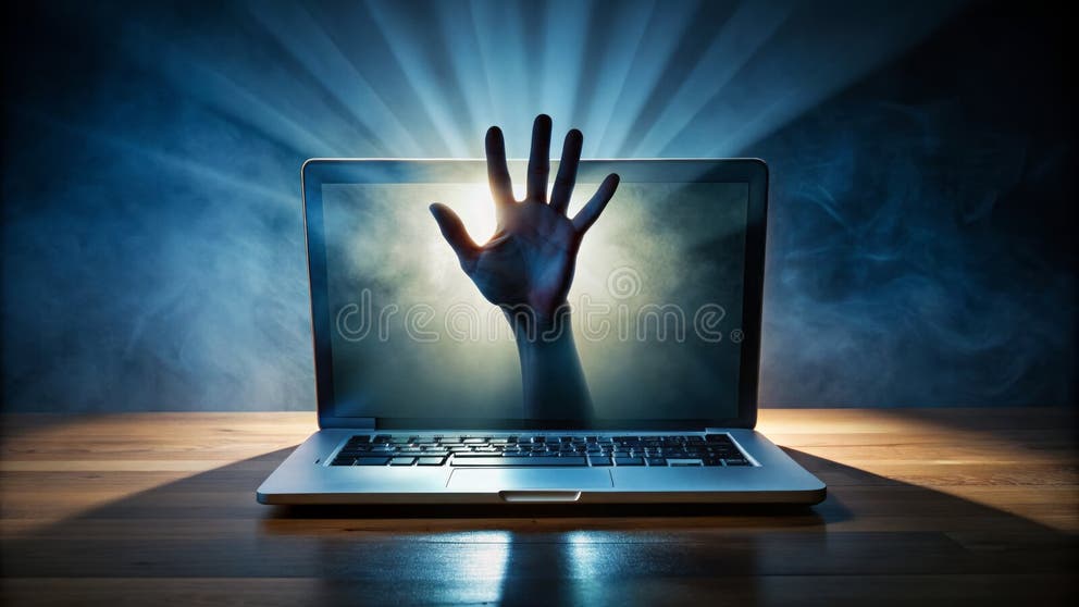 Mysterious Hand Emerging from a Computer Screens Glow a Digital Enigma ...