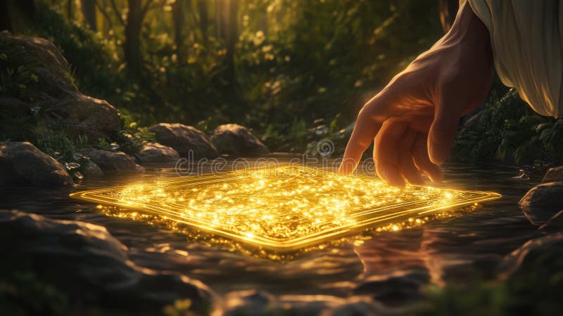 Mysterious Hand Touching Glowing Object in Tranquil Forest Stream Stock ...
