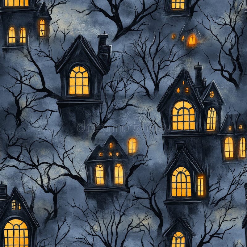 A Mysterious Haunted House Pattern with Eerie Glowing Windows and ...