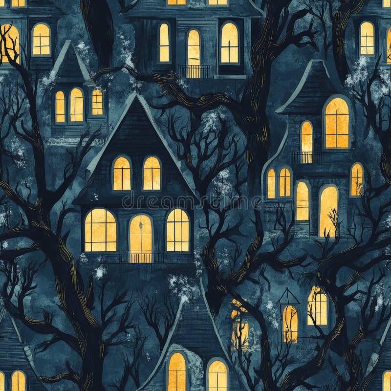 A Mysterious Haunted House Pattern with Eerie Glowing Windows and ...