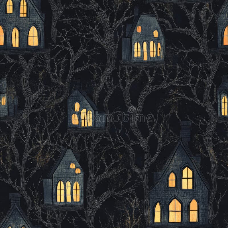 A Mysterious Haunted House Pattern with Eerie Glowing Windows and ...