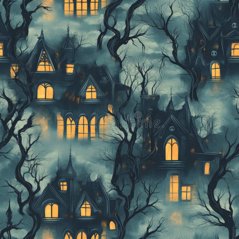 A Mysterious Haunted House Pattern with Eerie Glowing Windows and ...