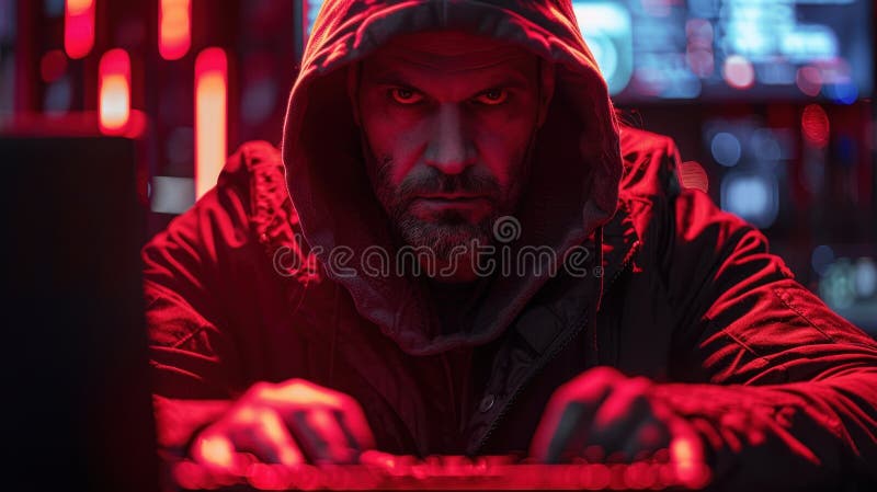 A Mysterious Hooded Computer Hacker is Sitting at His Laptop. the ...