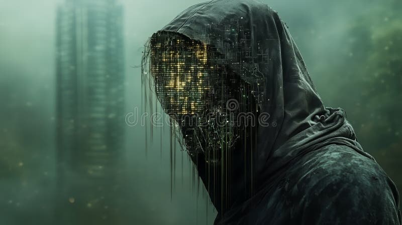 A Mysterious Hooded Figure, in a Binary Code Theme, Against a Modern ...