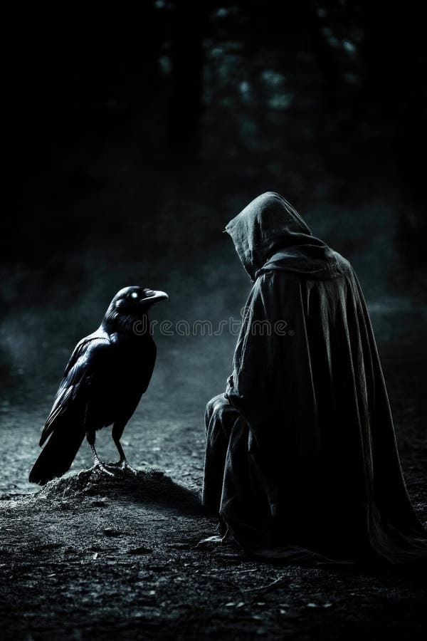 Mysterious Hooded Figure and Black Raven in Dark Forest Setting Stock ...