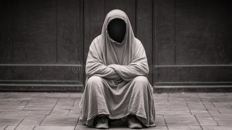 Mysterious Hooded Figure in Gray Robe Sitting Outdoors Stock Image ...