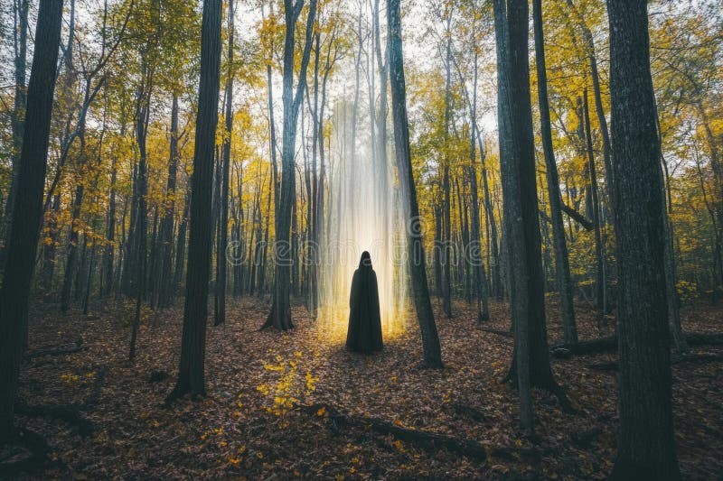 Mysterious Hooded Figure Illuminated by Light in Enigmatic Autumn ...