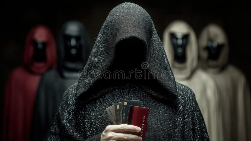 Mysterious Hooded Figure with Masked Attendants Stock Illustration ...