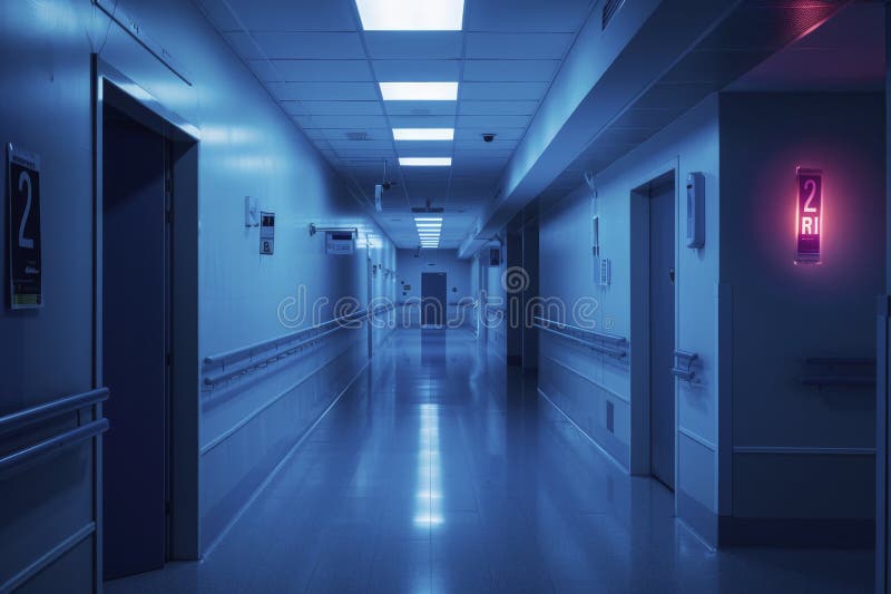 Mysterious Hospital Corridor at Night with Eerie Neon Lighting Stock ...