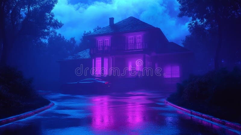 Mysterious House at Night with Neon Lights and Rain Reflections Stock ...