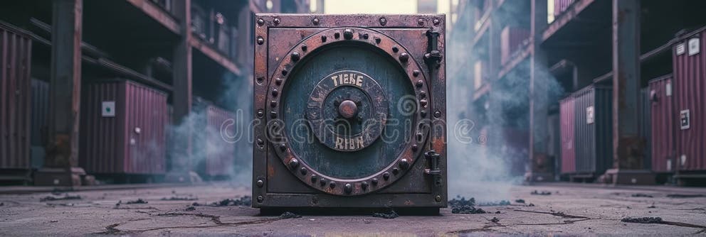 Mysterious Industrial Setting with Rusty Safe Amidst Foggy Warehouse ...
