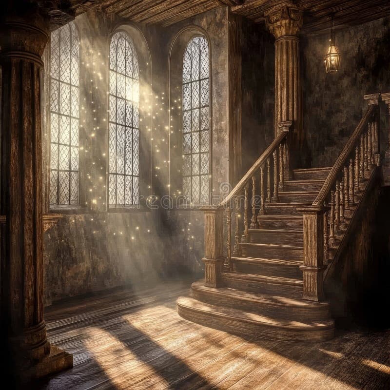 Mysterious Interior with Stairs and Light Rays. Vector Illustration ...