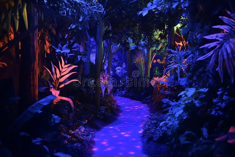 Mysterious Jungle Path with Blue and Pink Lights Stock Illustration ...