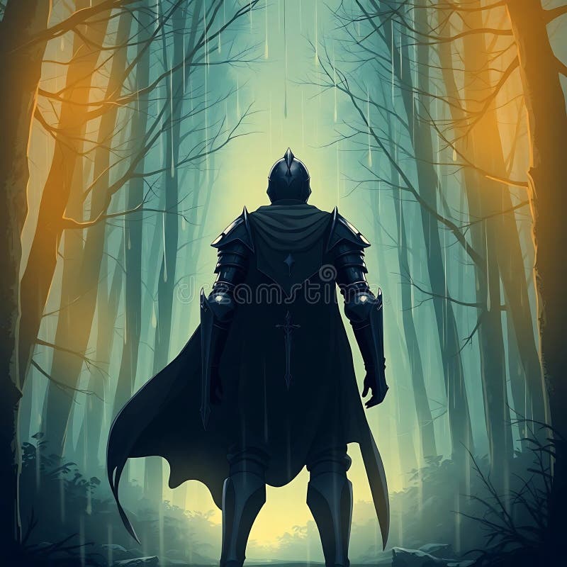 Mysterious Knight Standing in Foggy Enchanted Forest Stock Illustration ...