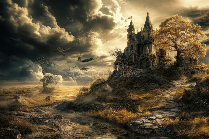 Mysterious Landscape Featuring an Ancient Castle Under a Dramatic Sky ...