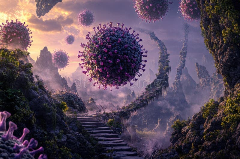 Mysterious Landscape with Giant Virus Structures Floating in a Surreal ...