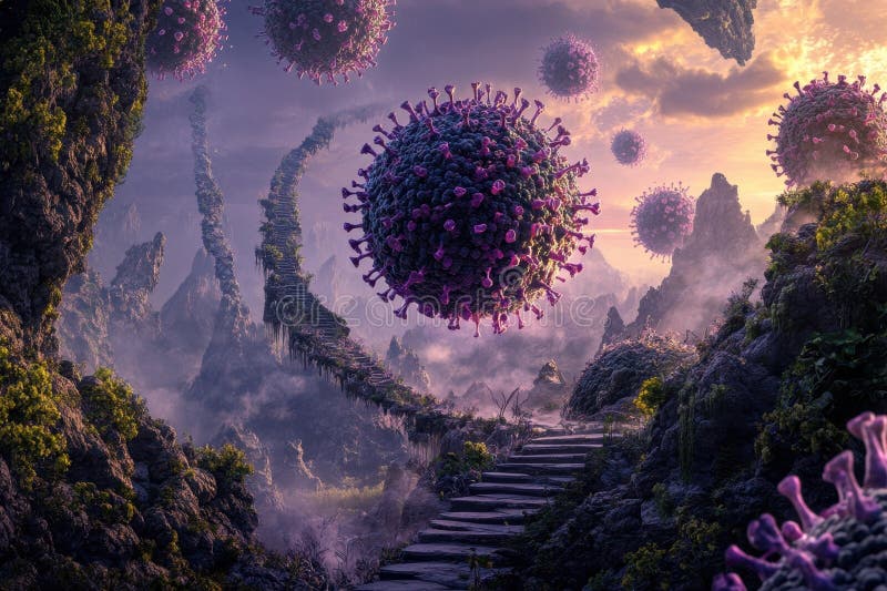 Mysterious Landscape with Giant Virus Structures Floating in a Surreal ...