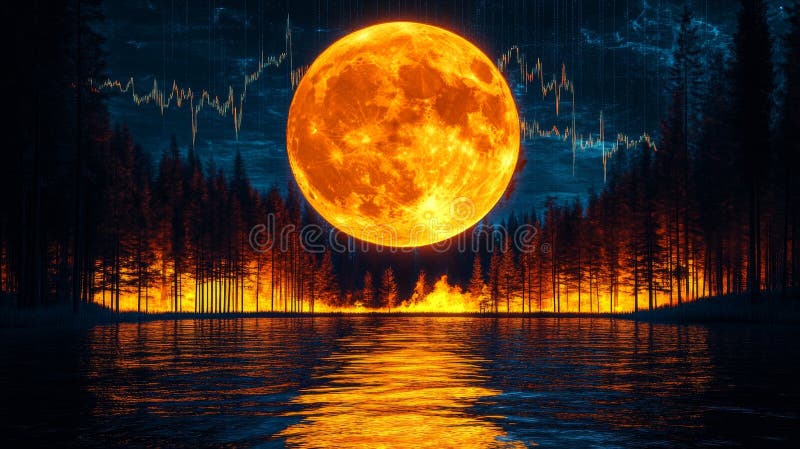 Mysterious Landscape: Lake in the Woods Beneath a Deep Red Moon Stock ...