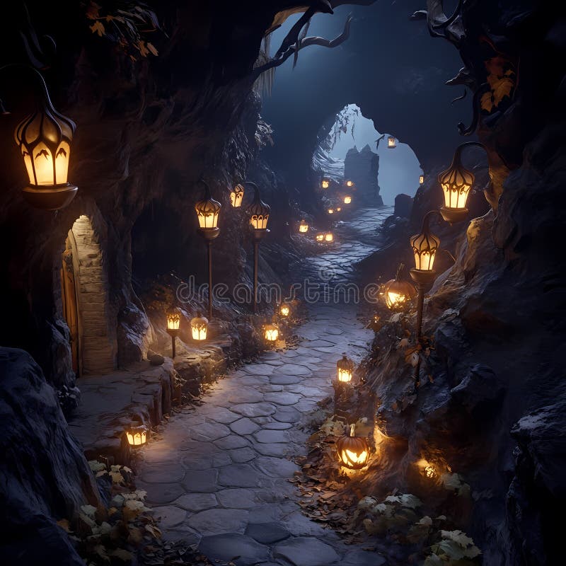 Mysterious Lantern-lit Path through a Mystical, Dark Forest Setting ...