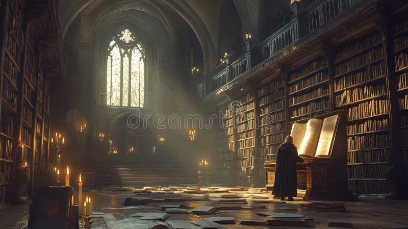 A Mysterious Library Filled with Ancient Books and Soft Light, Inviting ...