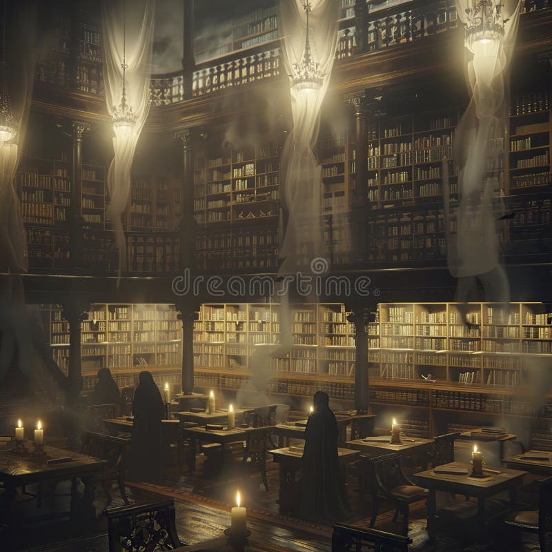 Mysterious Library with Floating Books, Ghostly Figures, and Dim ...