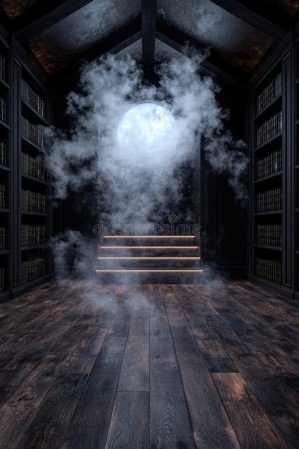 Mysterious Library with Glowing Steps and a Moonlit Doorway. Stock ...