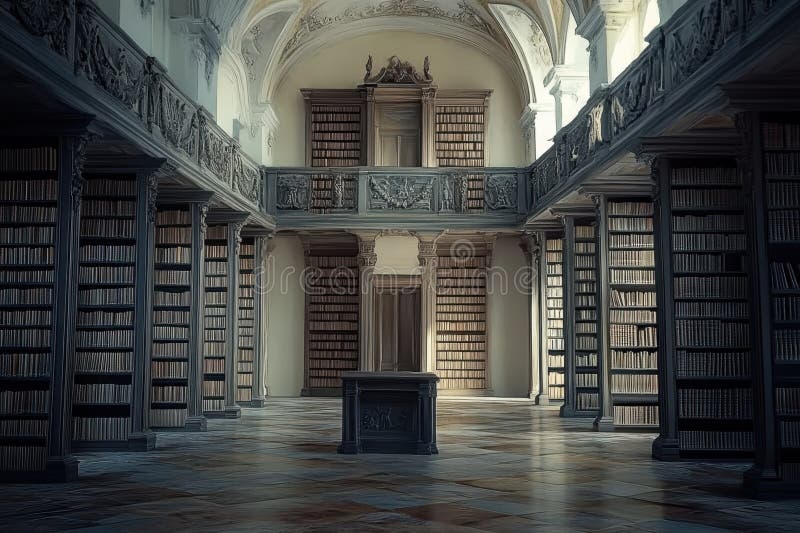 Mysterious Library with Towering Shelves and an Empty Central Table ...