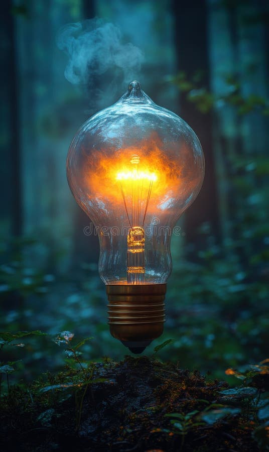 Mysterious Light Bulb Glowing in a Forest at Twilight Stock Photo ...
