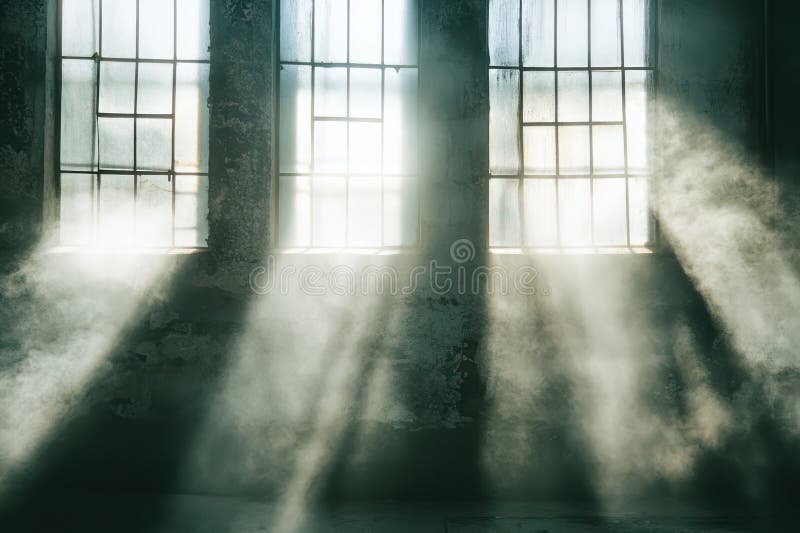 Mysterious Light Rays Pierce through Dusty Warehouse Windows Stock ...