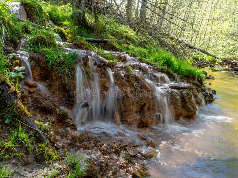 Spring River Waterfall, Stones, Green Moss and Spring Trees, David`s ...