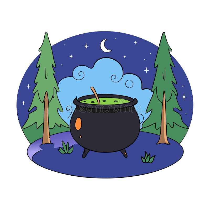 A Mysterious Magic Cauldron in a Fairy Night Forest Stock Vector ...